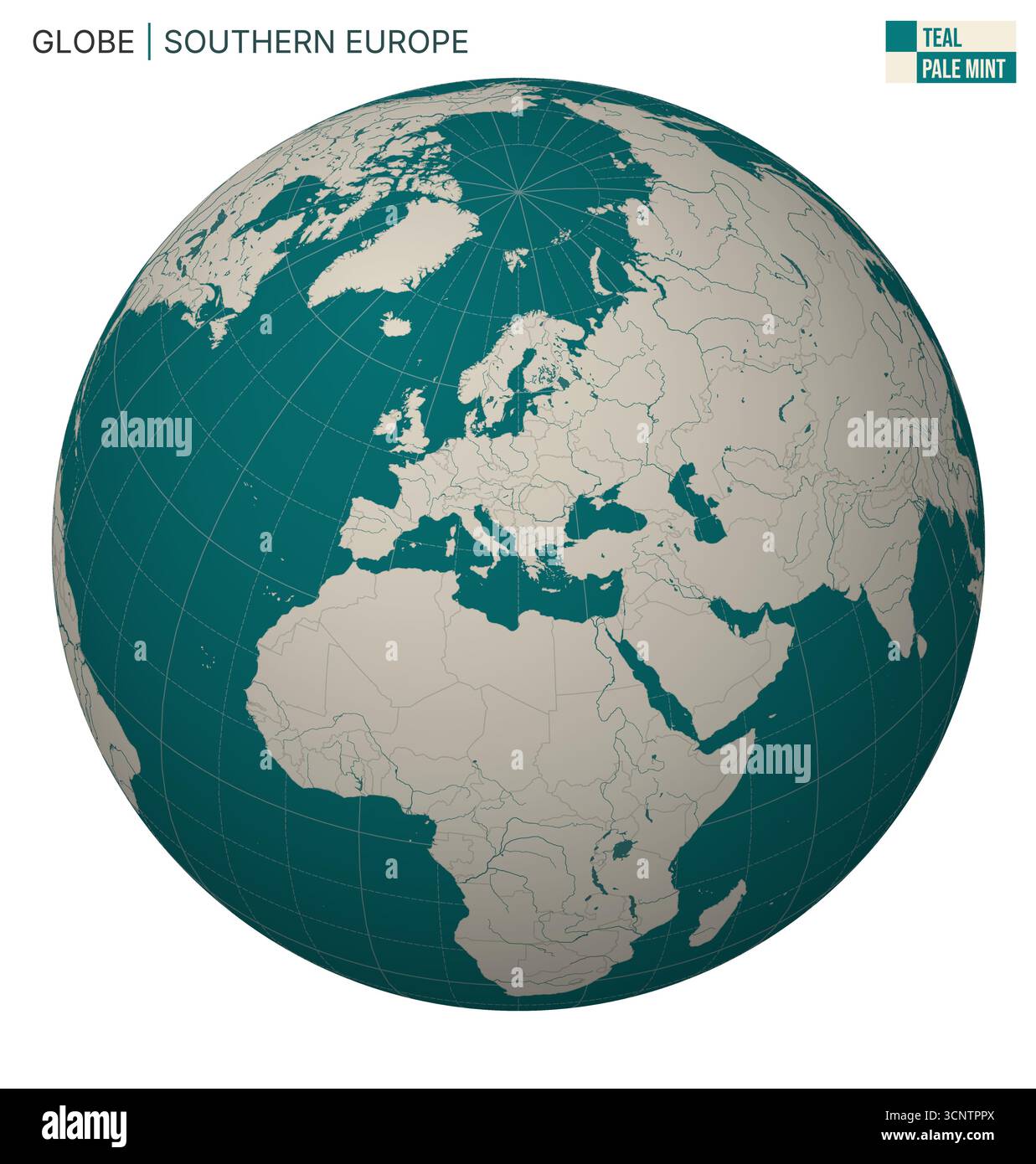 Vector Globe centered to Southern Europe. Teal Pale Mint palette. World ...