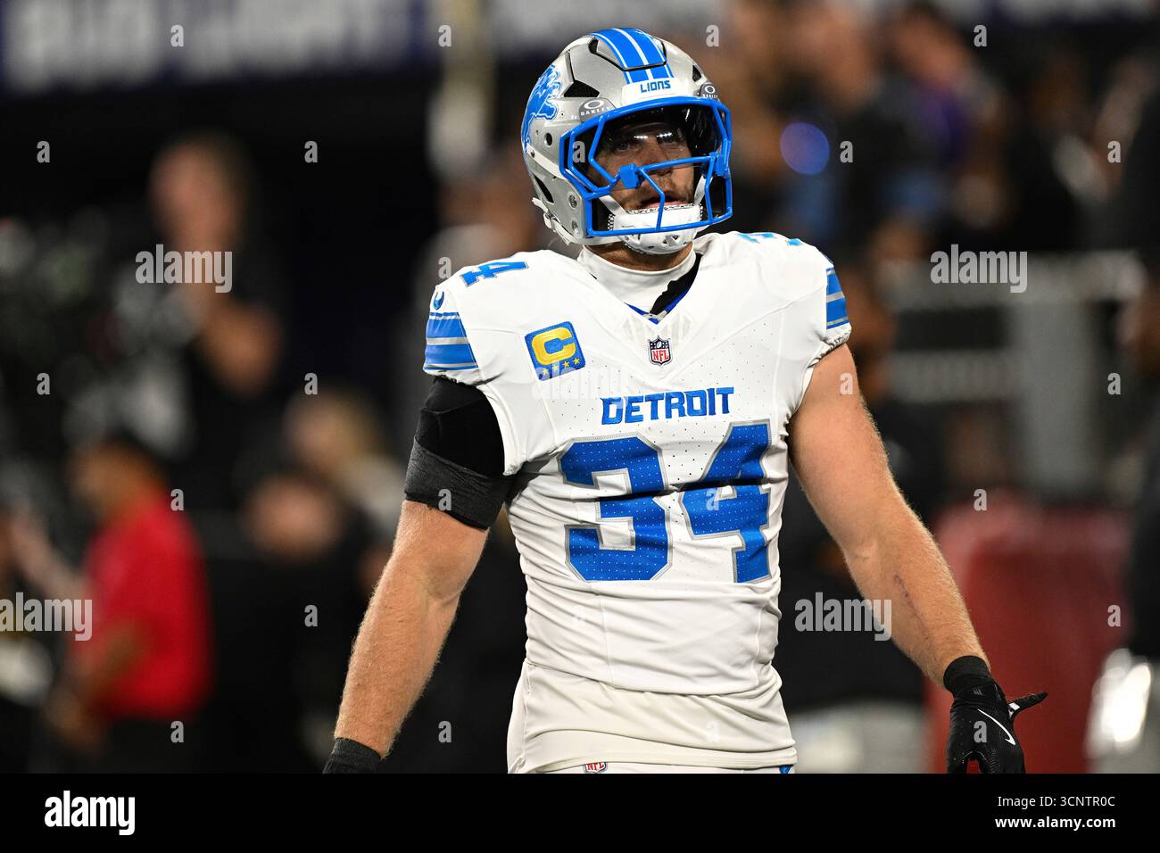 Detroit Lions middle linebacker Alex Anzalone (34) looks on during pre ...