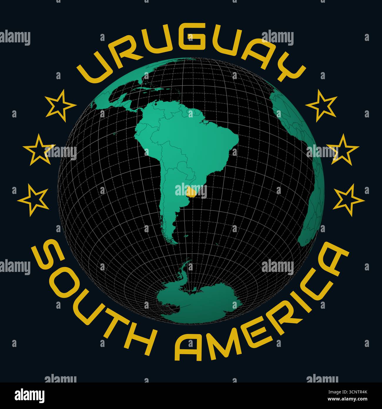 Uruguay on Globe. Round country and continent name text. Country view ...