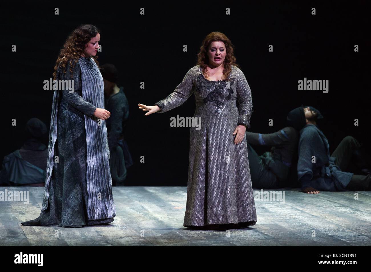Actors perform on stage during a rehearsal of the play ‘Tristan und ...