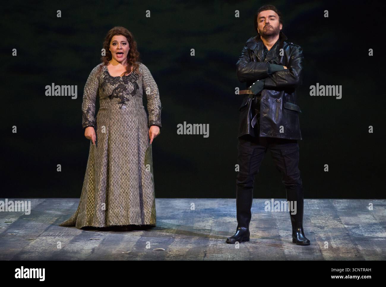 Actors perform on stage during a rehearsal of the play ‘Tristan und ...