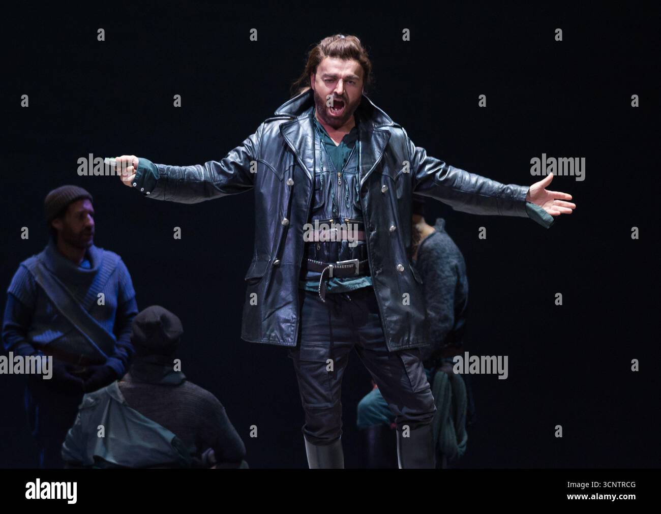 Actors perform on stage during a rehearsal of the play ‘Tristan und ...