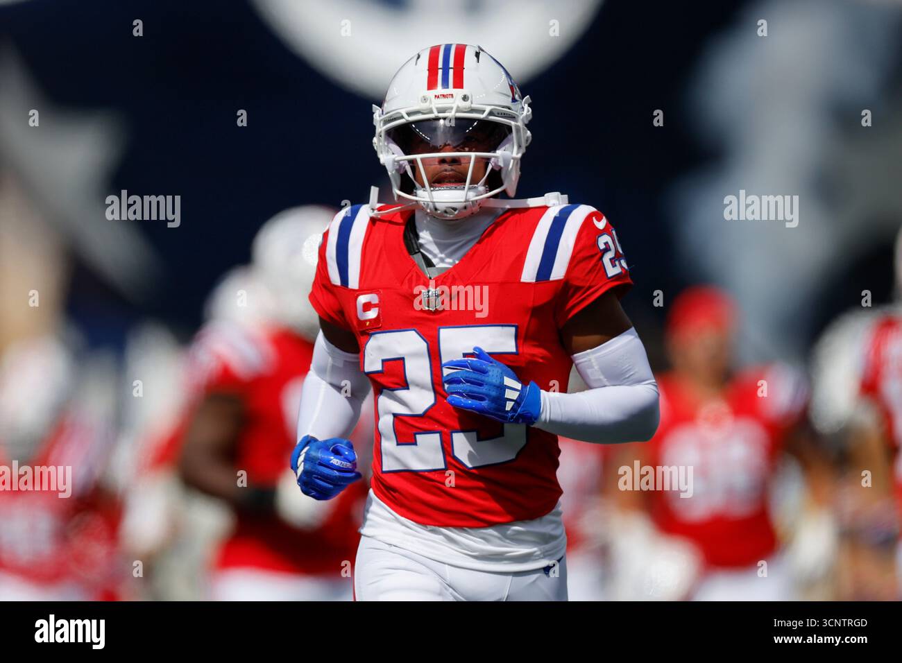 New England Patriots cornerback Marcus Jones (25) takes the field prior ...