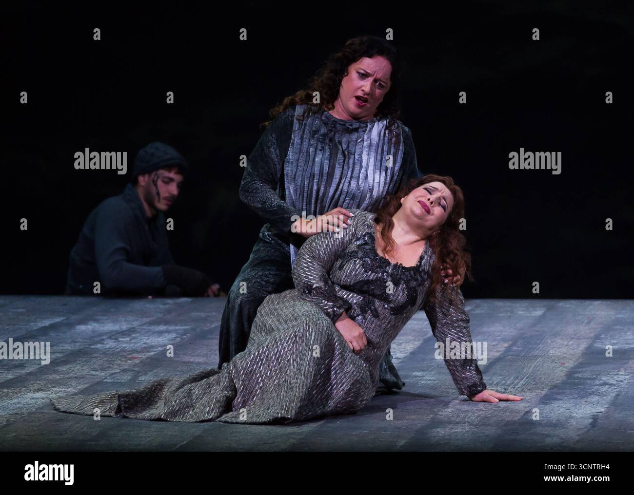 Actors perform on stage during a rehearsal of the play ‘Tristan und ...