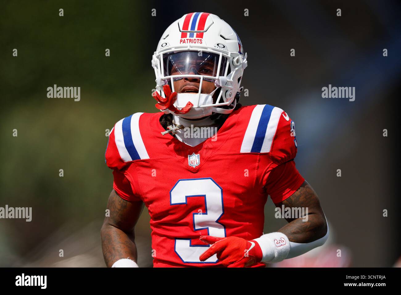 New England Patriots wide receiver Demario Douglas (3) takes the field ...