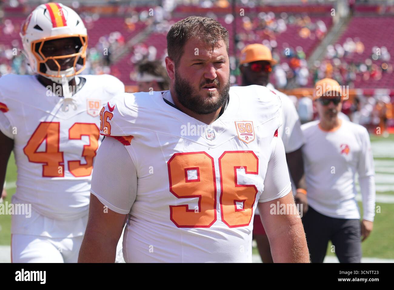 Tampa Bay Buccaneers defensive tackle Greg Gaines (96) leaves the field ...