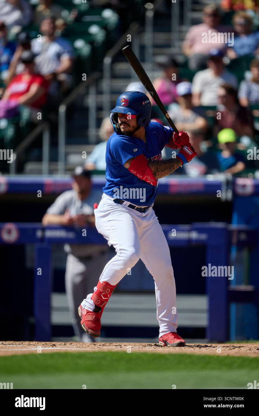 Buffalo Bisons Yohendrick Pinango (27) bats during an MiLB ...