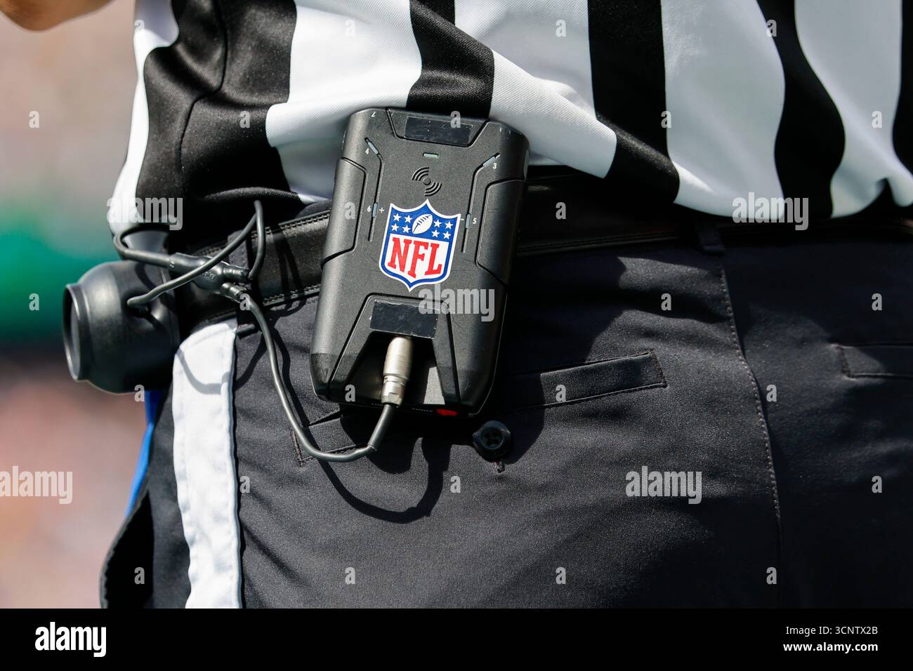 Detail of a radio being worn by field judge Karina Tovar (91) during ...