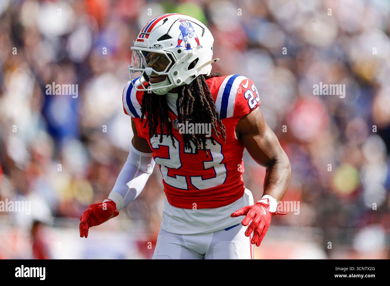 New England Patriots safety Kyle Dugger (23) drops into coverage during ...