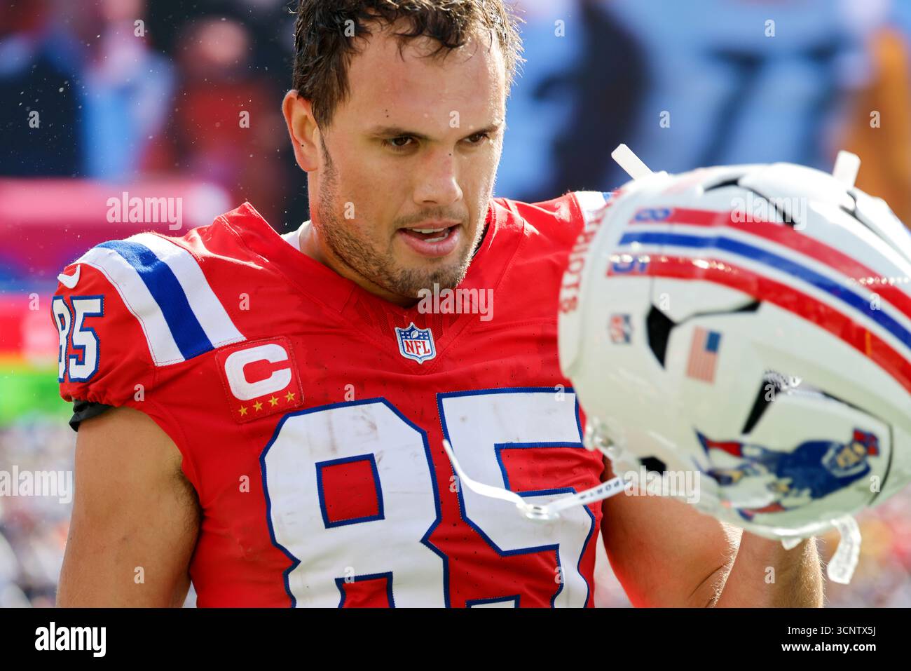 New England Patriots tight end Hunter Henry (85) reacts after goal line ...