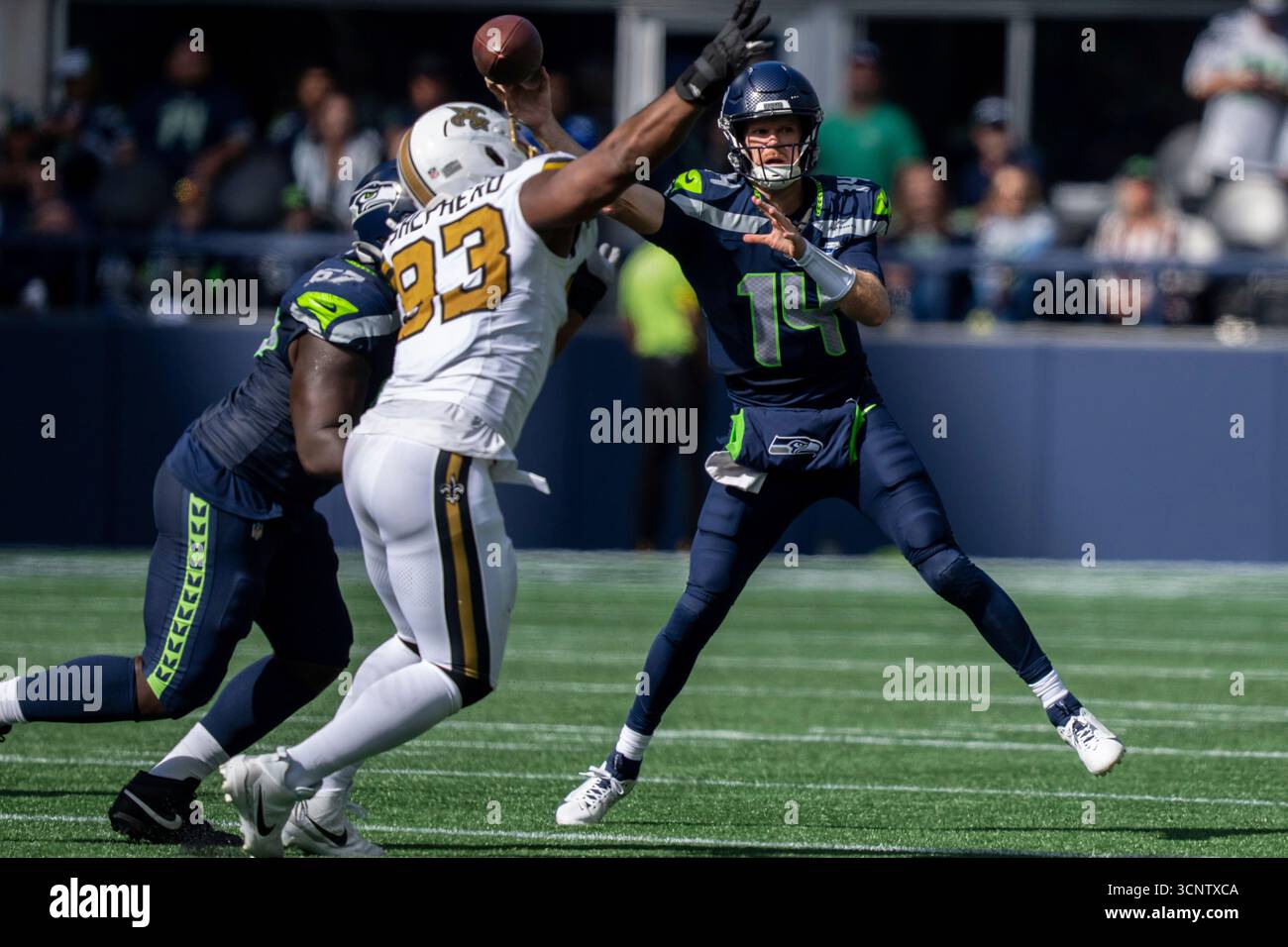 Seattle Seahawks quarterback Sam Darnold passes the ball during an NFL ...