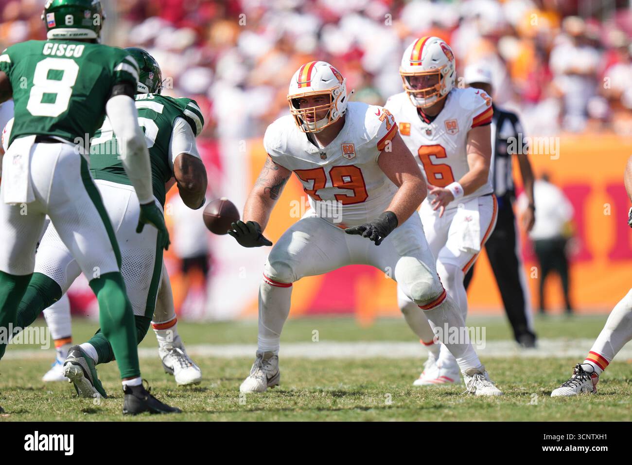 Tampa Bay Buccaneers guard Elijah Klein (79) protects he passer during ...