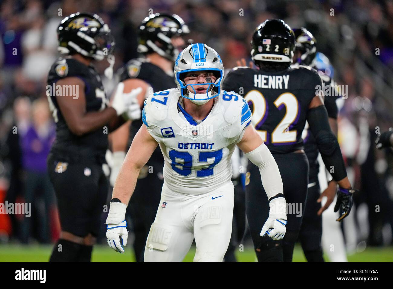 Detroit Lions defensive end Aidan Hutchinson reacts after sacking ...