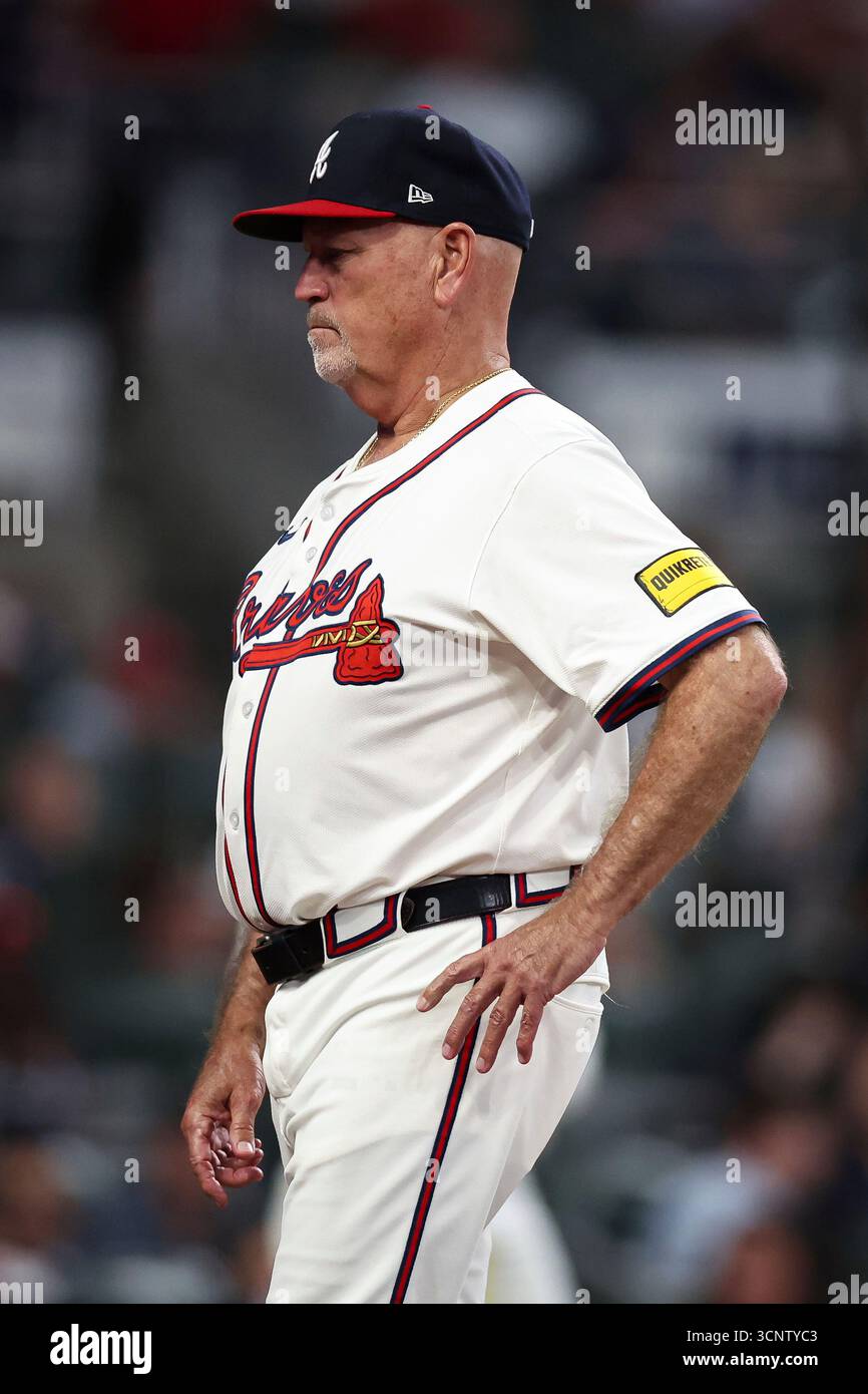 Atlanta Braves manager Brian Snitker reacts during the third inning of ...