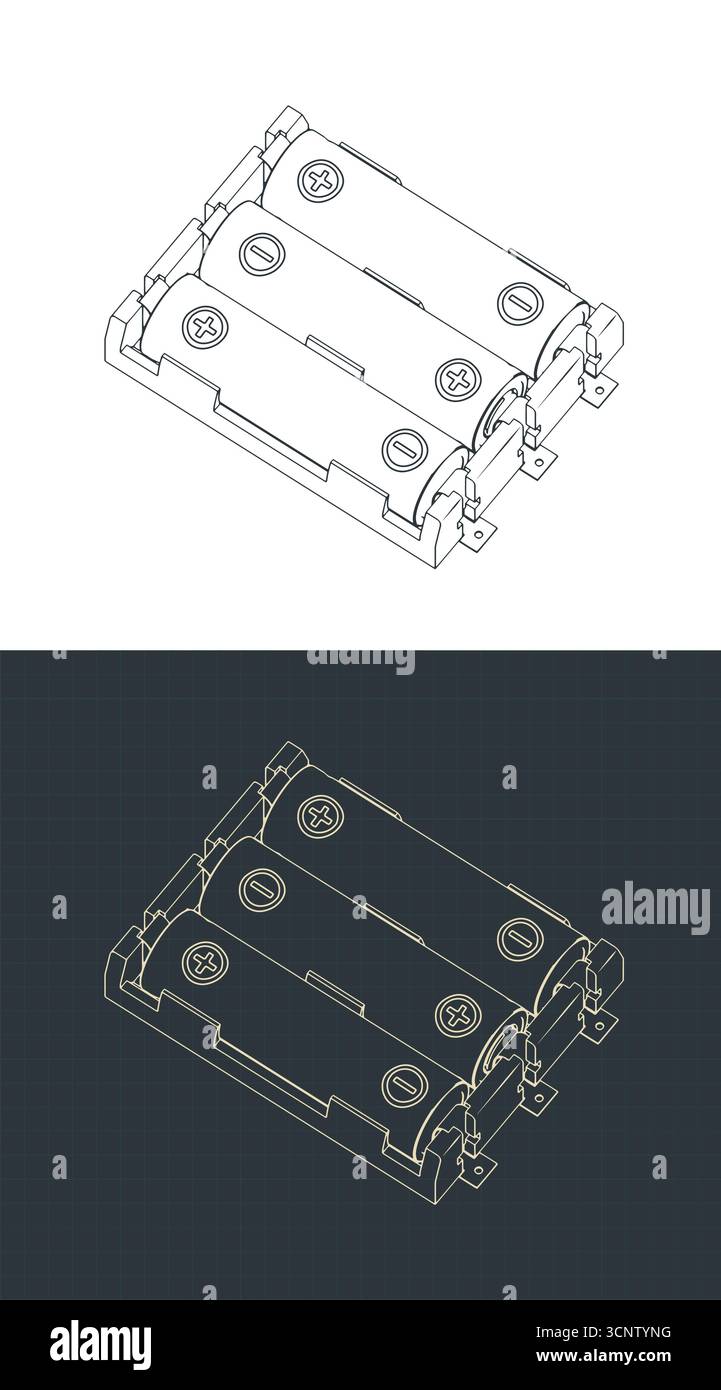 Triple battery holder isometric drawings stylized vector illustrations ...