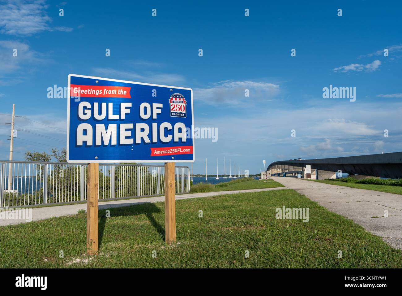 A "Gulf of America" sign is posted overlooking the Gulf of Mexico in ...