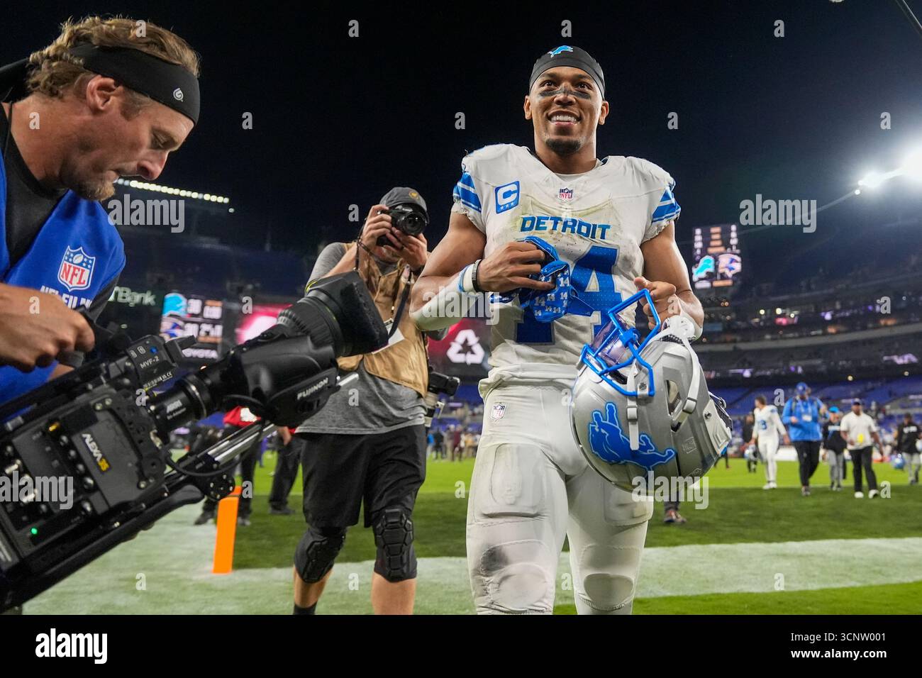 Detroit Lions wide receiver Amon-Ra St. Brown leaves the field following an NFL football game ...