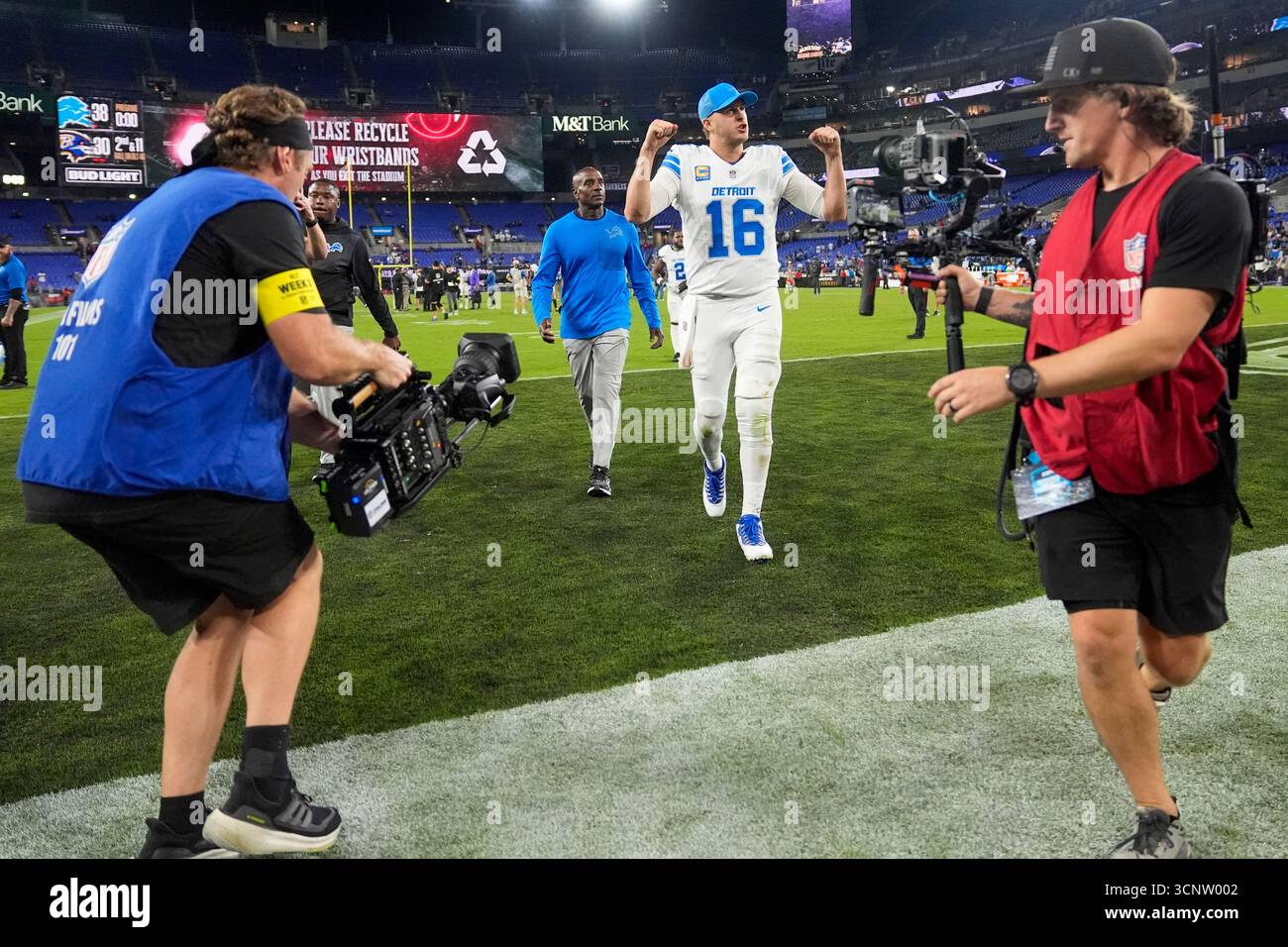 Detroit Lions quarterback Jared Goff (16) gestures as he leaves the ...