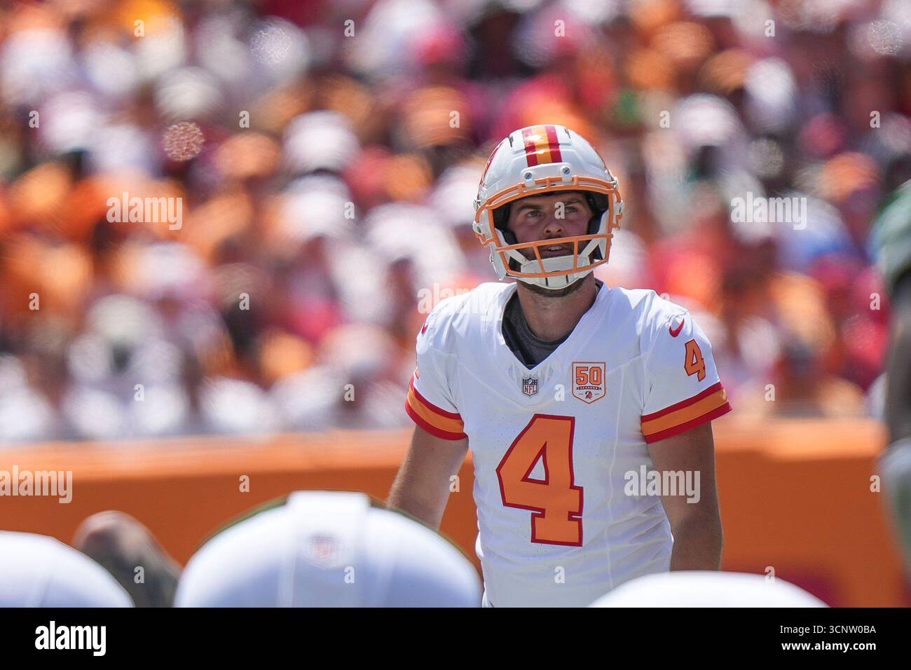 Tampa Bay Buccaneers kicker Chase McLaughlin (4) eyes the uprights ...
