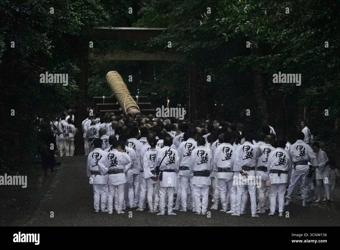 People pull a sacred timber into the Ise Jingu shrine complex, as ...