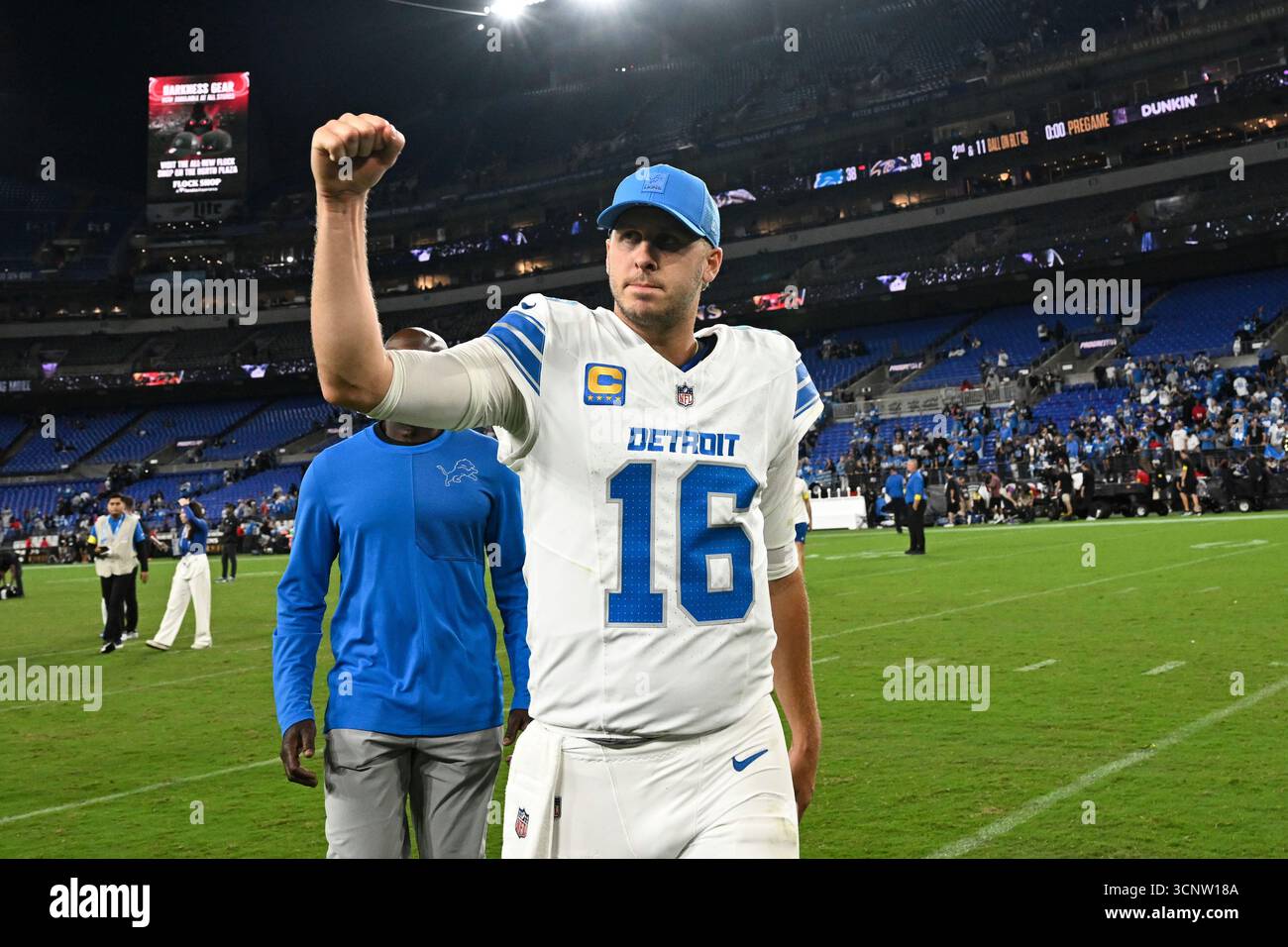 Detroit Lions quarterback Jared Goff (16) acknowledges the crowd as he ...