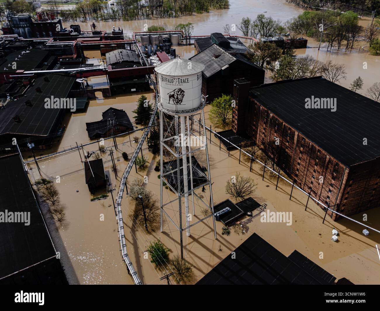 In an aerial view, the flooded Buffalo Trace Distillery is seen on ...
