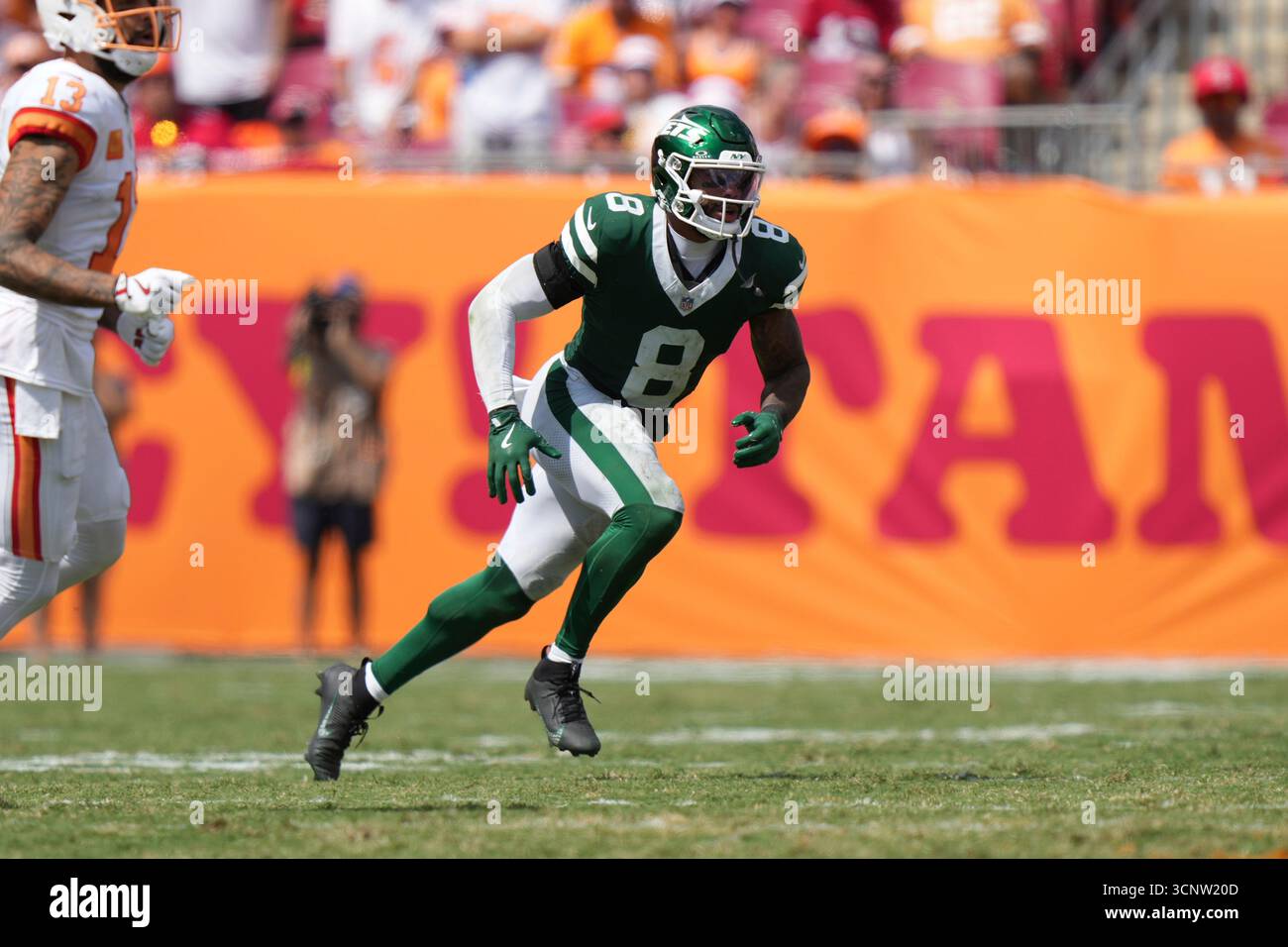 New York Jets safety Andre Cisco (8) runs to the ball carrier during an ...