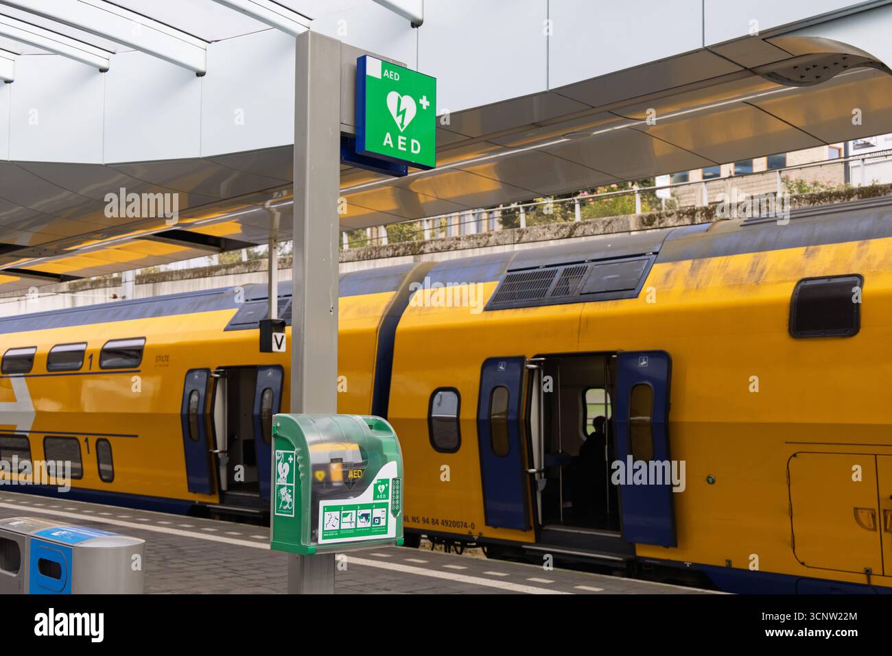 Automated external defibrillator at Dutch train station platform with ...