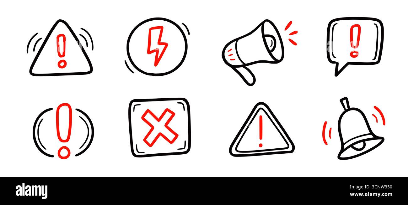 Doodle attention sign icon set. Hand drawn caution signs, warning marks ...