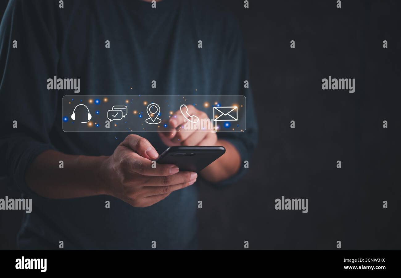 Person using smartphone with communication icons overlay, business ...