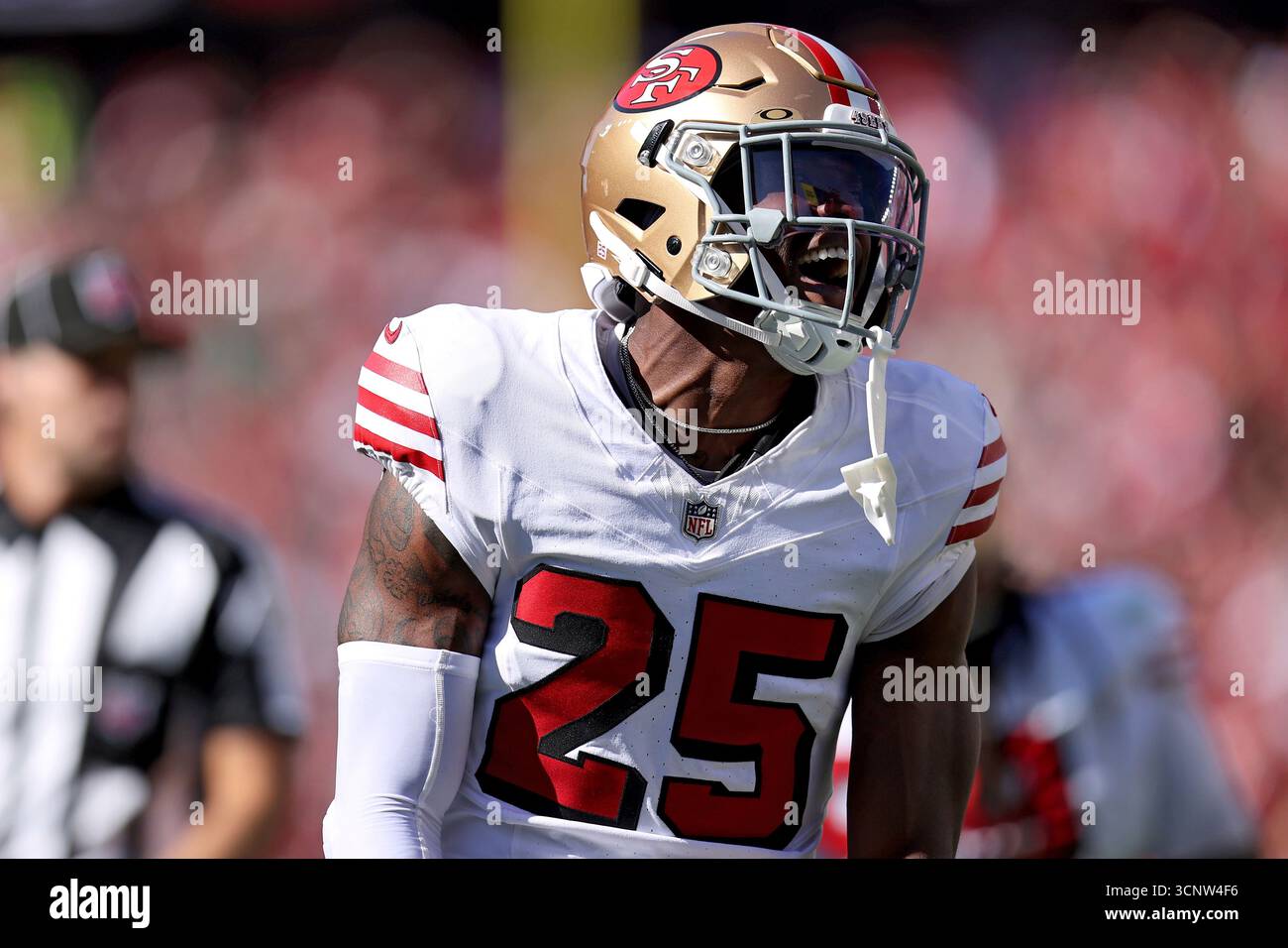 San Francisco 49ers safety Jason Pinnock (25) reacts after a play ...