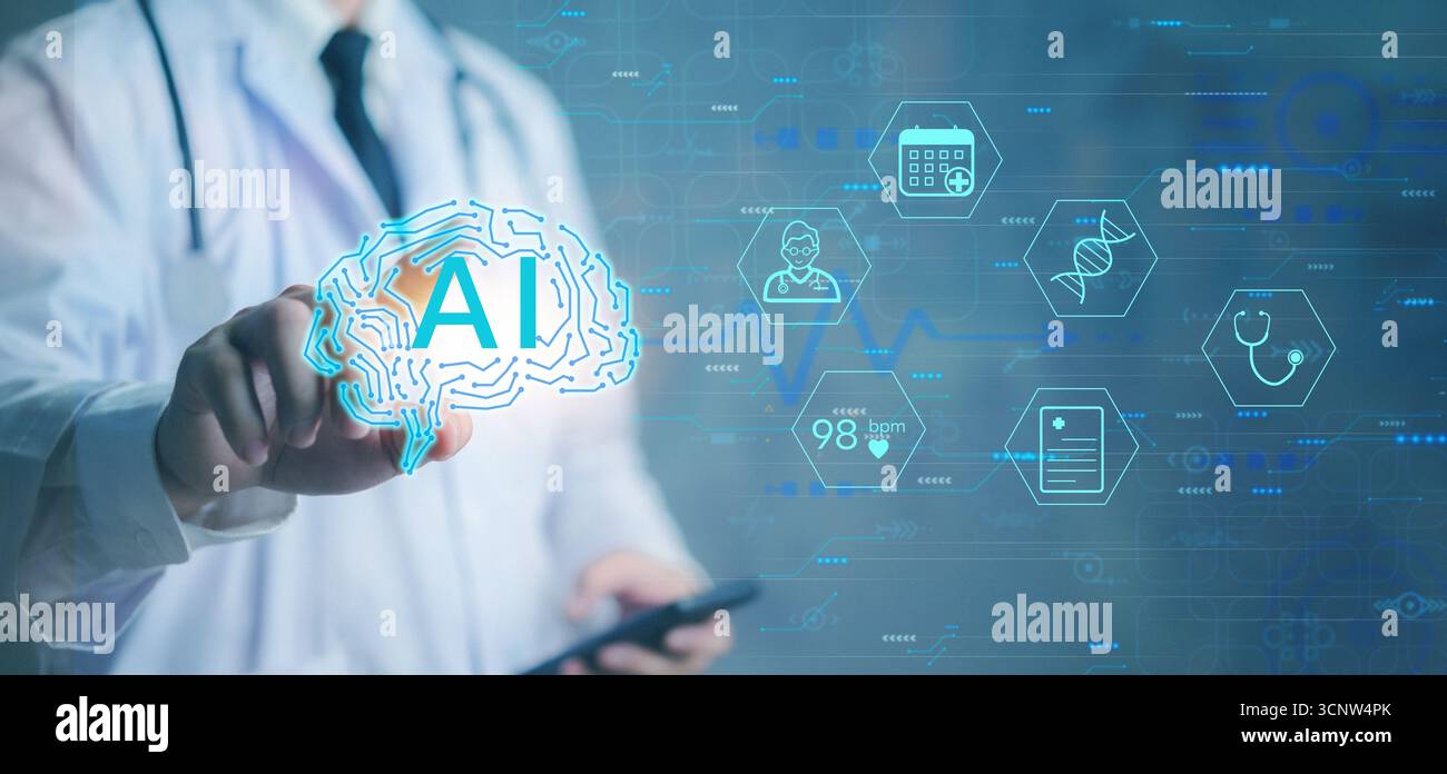 Doctor interacting with AI brain icon in futuristic interface. Concept ...