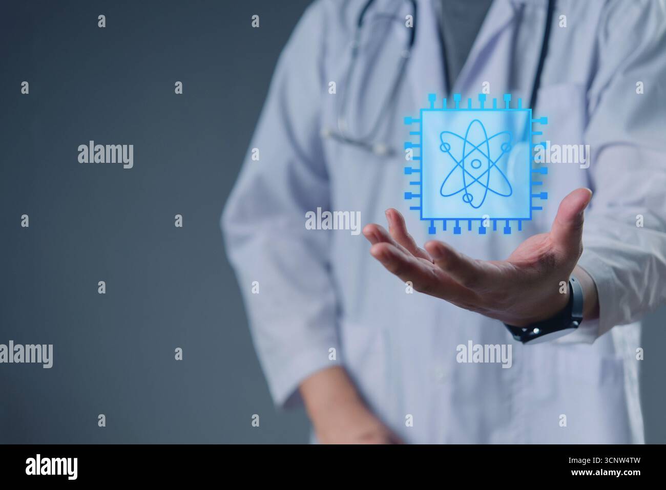 Doctor in lab coat presenting a futuristic digital chip with atom icon ...