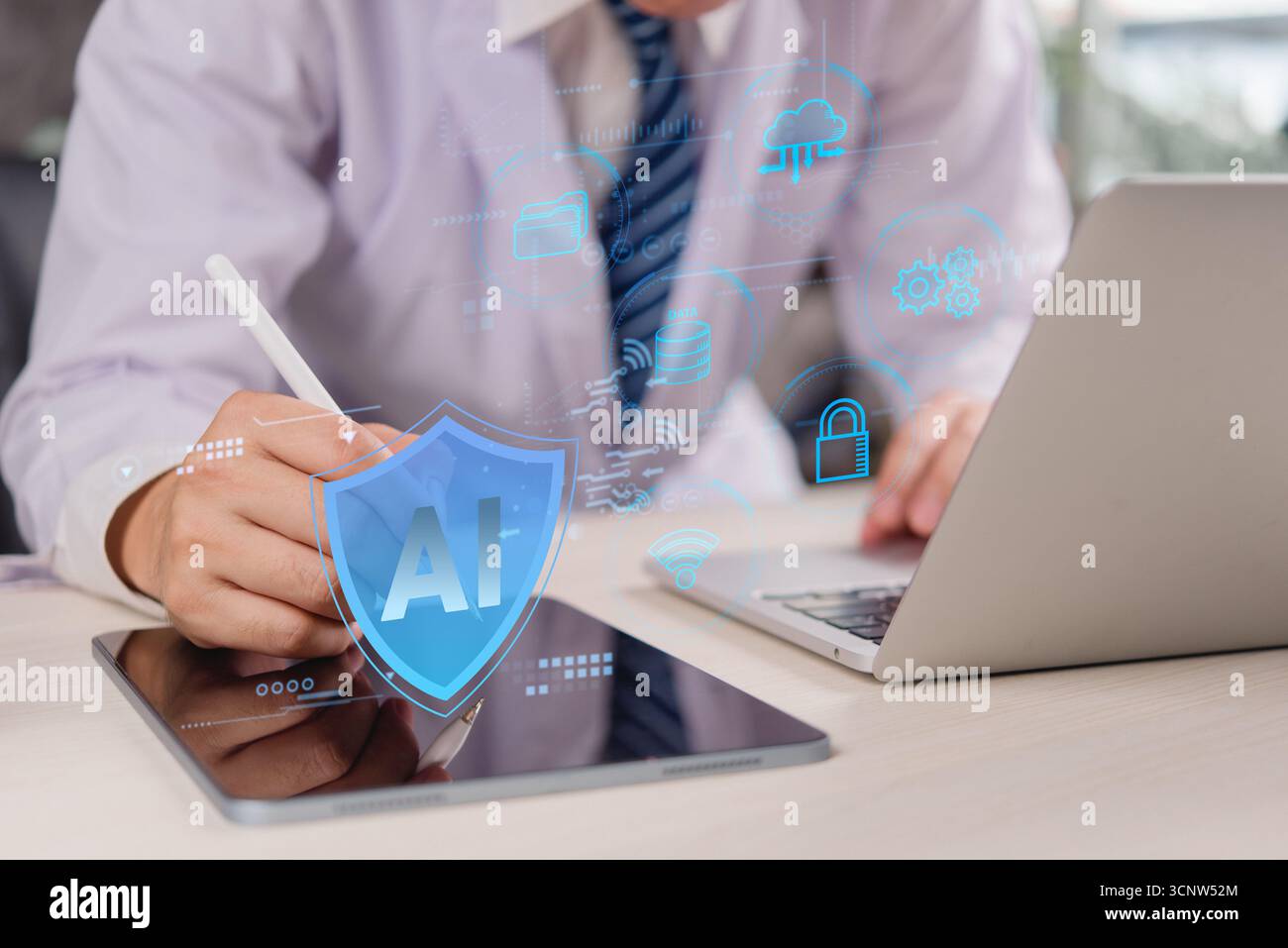 AI security technology with digital shield, cybersecurity icons, and data protection concept ...