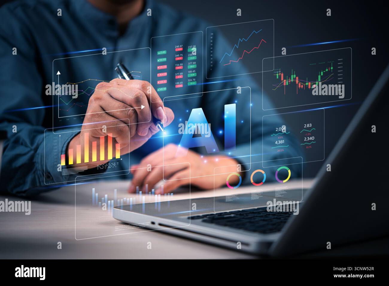 AI and data analysis for financial report with digital charts, dashboard, and virtual interface ...