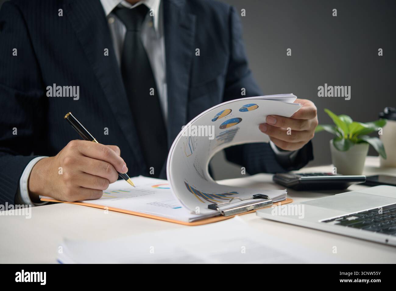 Businessman analyzing financial report with charts and graphs at office ...