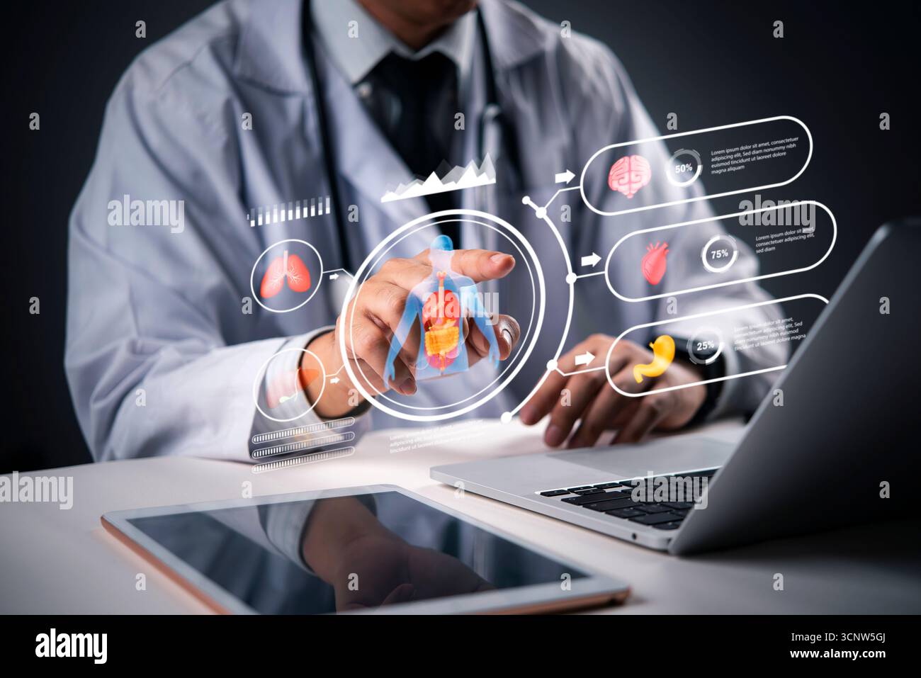 Doctor touching transparent screen with patient information, innovative ...