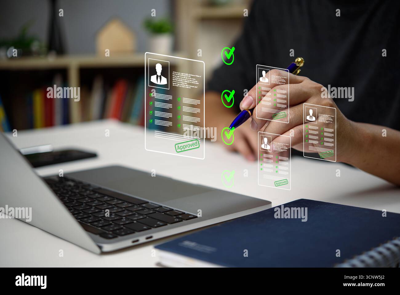 Business person reviewing online job applications with Approved status, demonstrating effective ...