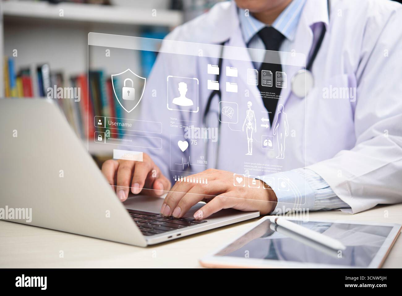 Medical entering password on virtual patient dashboard, data privacy, online medical records ...