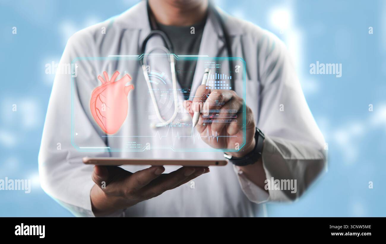 Modern healthcare concept with doctor controlling virtual ECG and heart ...