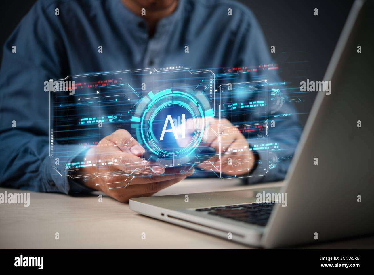 User holding smartphone with futuristic AI innovation interface ...