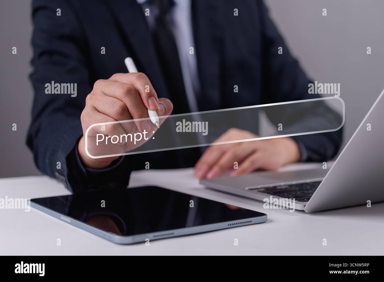 Corporate professional crafting AI prompt on digital device, perfect ...