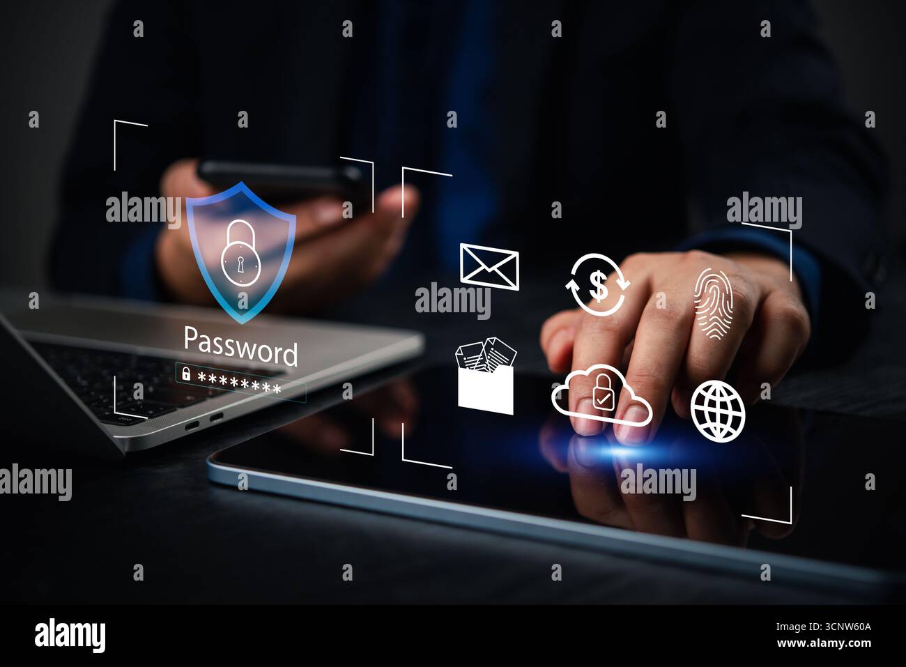 Businessman using smartphone and tablet with digital password and ...