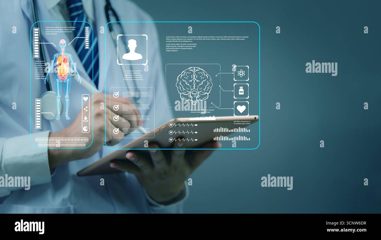 doctor using tablet with digital human anatomy and brain interface ...