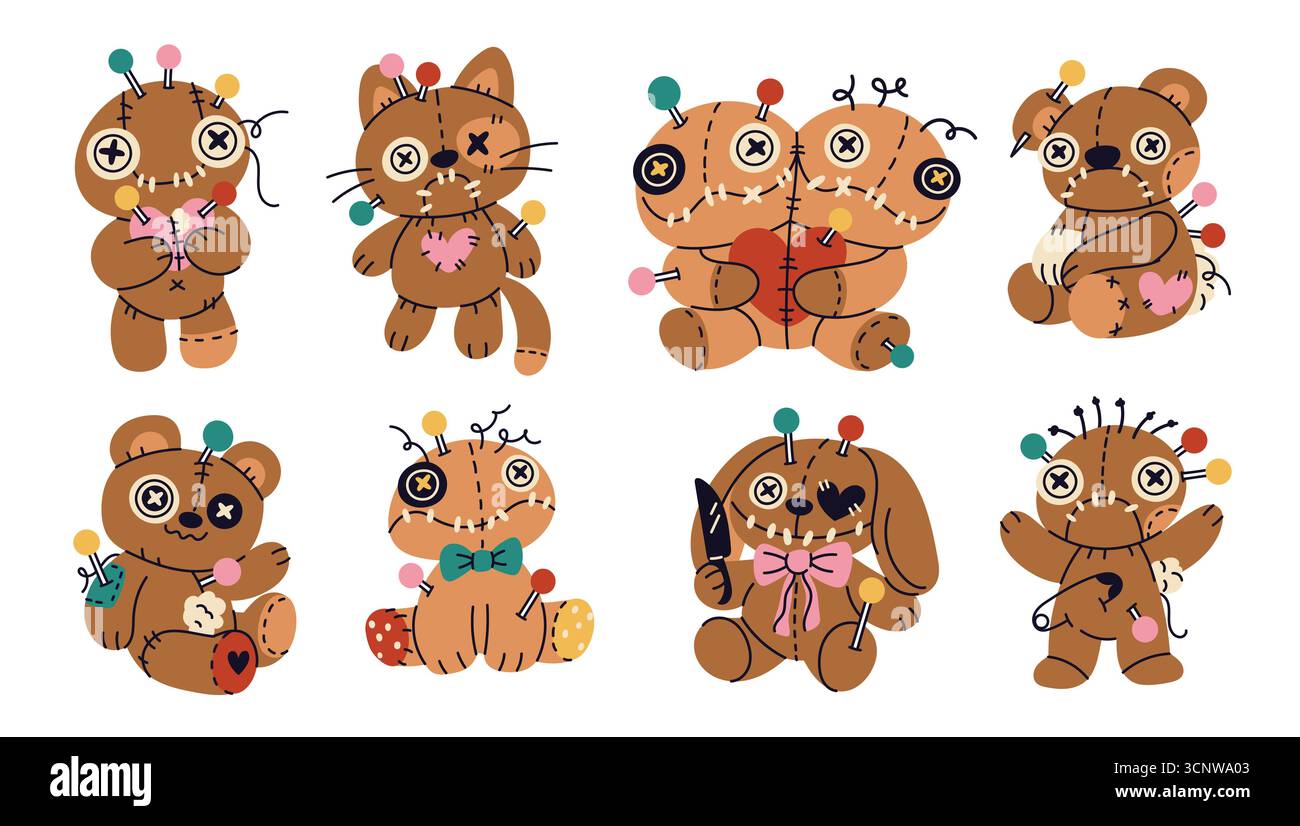Voodoo dolls. Patchwork scary toys, stitch punk style, halloween ...
