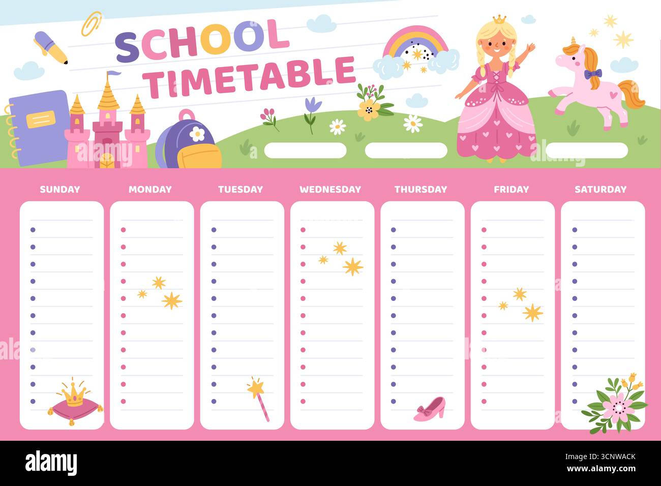 School schedule with princess. Pink girly timetable with fairy tale ...