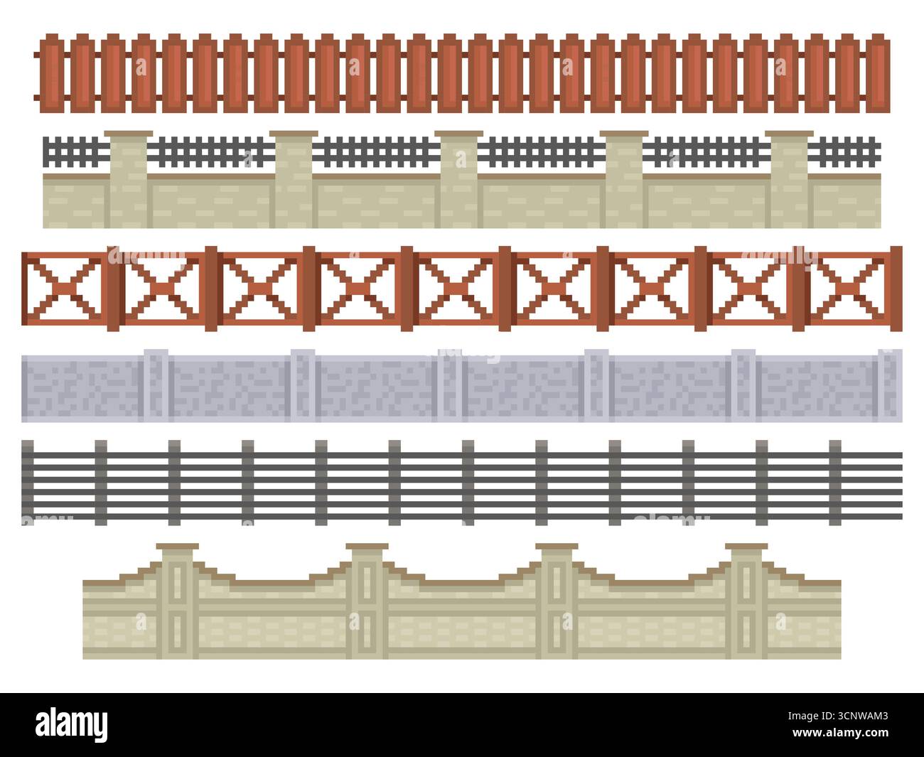 Pixel fences borders. Seamless wooden and brick fences, 8 bit retro ...
