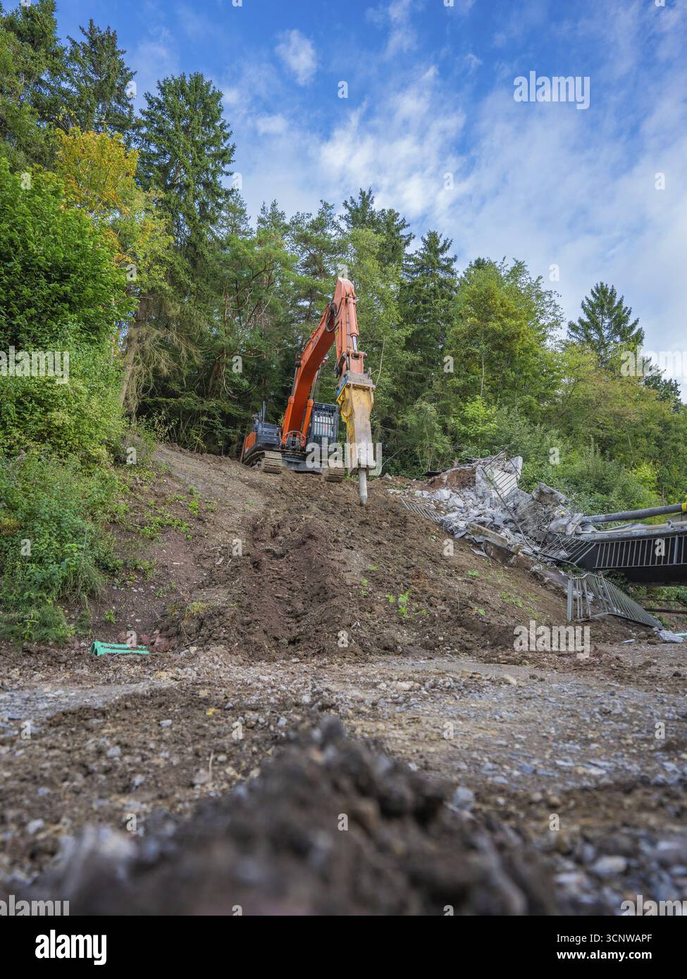 An excavator lifts earth on a slope in a forest under a blue sky ...