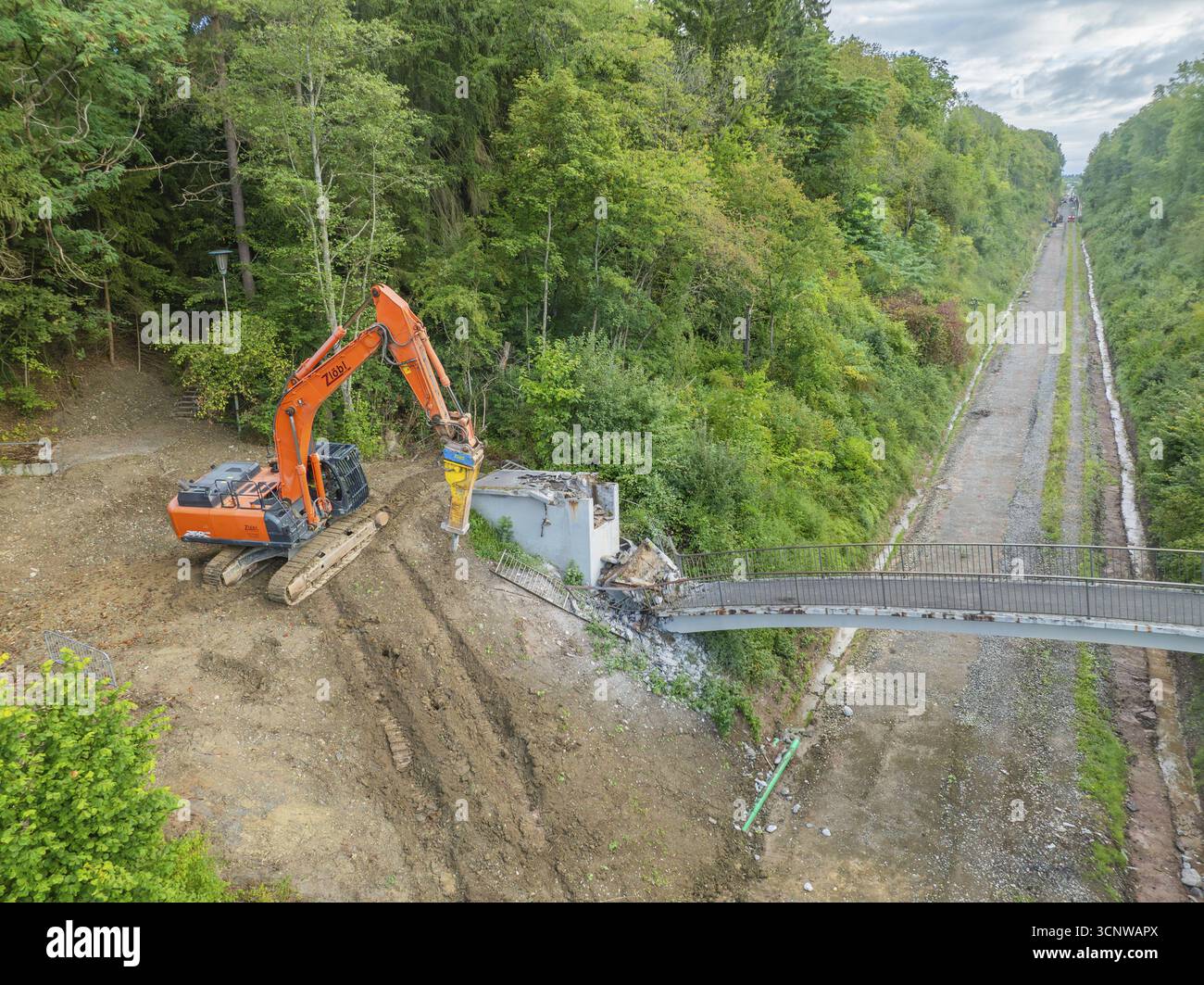 An excavator demolishes a bridge next to railway tracks in the forest ...