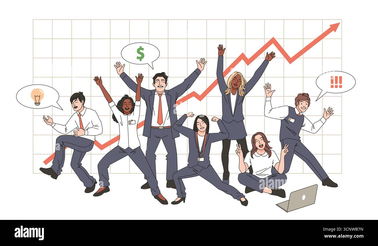 Happy businessmen group. People in formal office suits rejoice at ...